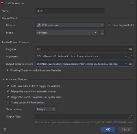 sass jetbrains rider filewatcher is not compiling scss to css stack