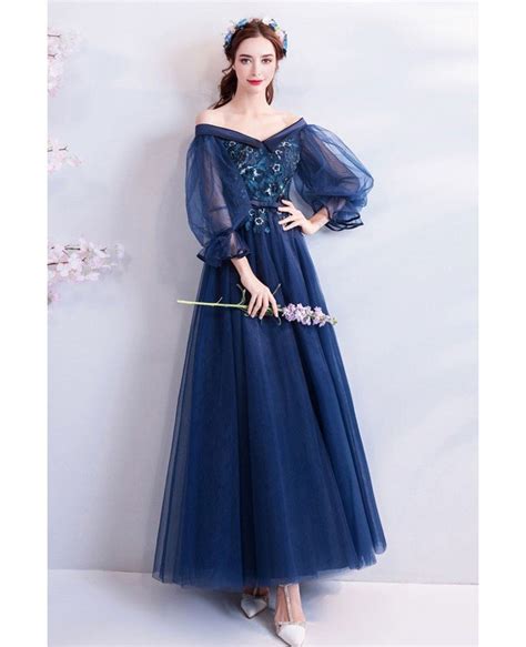 Navy Blue Off Shoulder Maxi Long Tulle Prom Dress With Sleeves