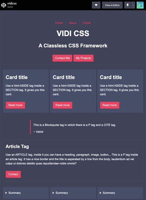github vidito vidicss a simple classless css framework with dark theme