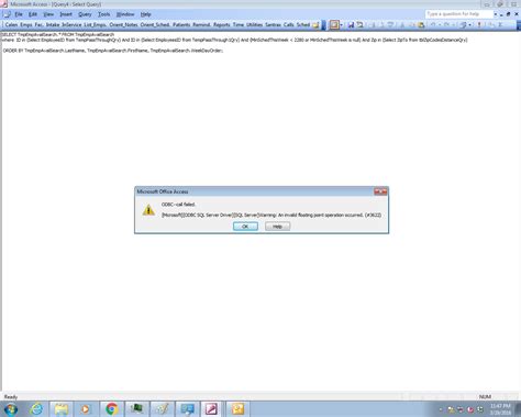 solved access sql query returning invalid floating point operation