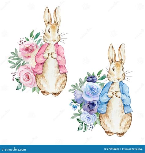 Watercolor Cute Rabbit With Flowers Stock Vector Illustration Of