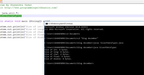 java program to find size of different data types