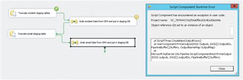 two c source script components in ssis result in object reference not