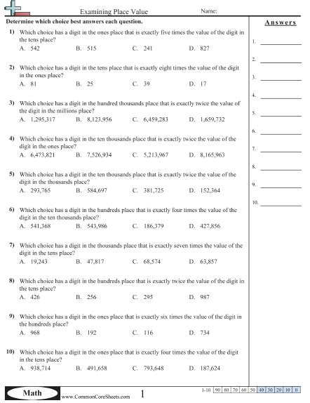 Image result for Multiple Choice Place Value Worksheets