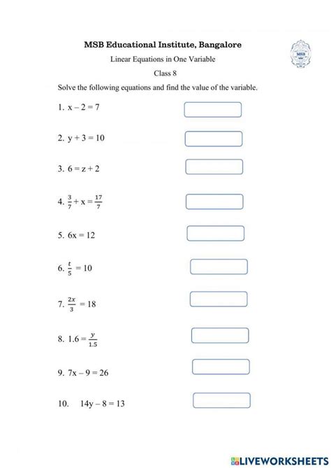Image result for One Variable Equations Worksheet