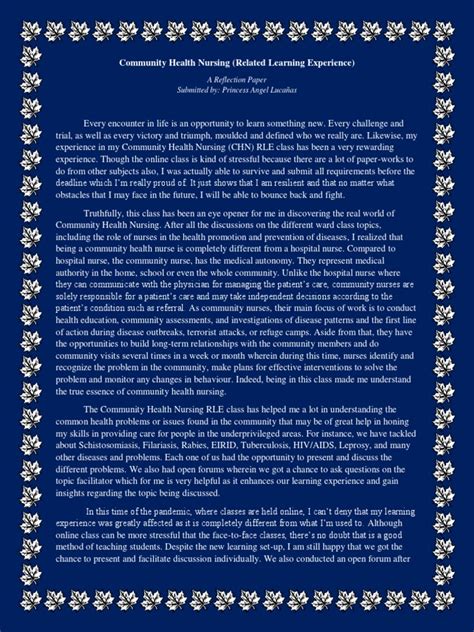 Community Health Nursing Reflection Paper | PDF | Nursing | Hospital