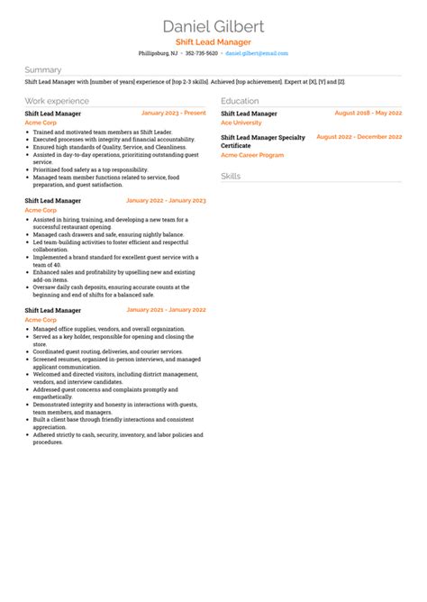 Image result for Shift Manager Resume Example