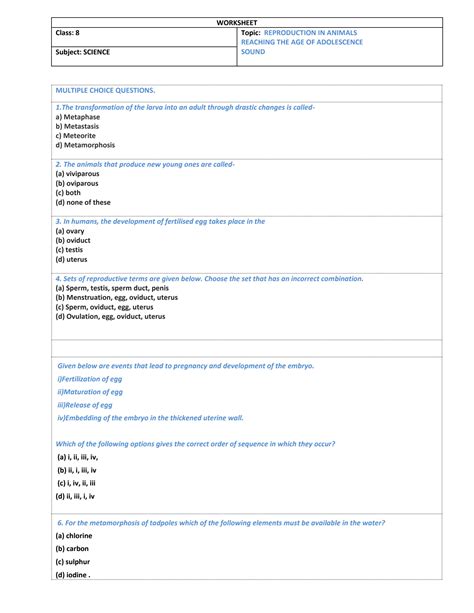 Image result for Reproduction in Animals Science Class 8 Worksheet