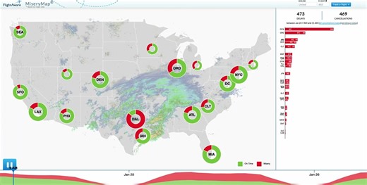 Here’s a look at the last 24 hours on FlightAware’s Misery Map ❄️✈️ Airports and airlines across the network were impacted by Winter Storm Fern. Stay informed with real-time delays, cancellations, and disruptions—check out our free resources to track conditions as they evolve. https://hubs.li/Q040lPF90 #flightaware #aviation #winterstormfern #miserymap | FlightAware
