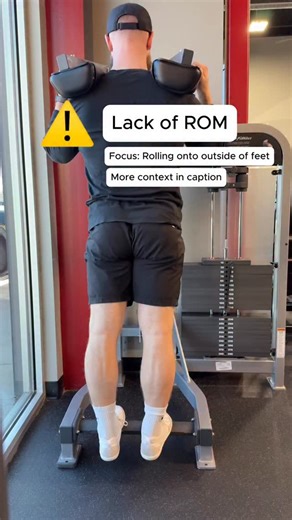 ⬇️ Standing Calf Raise mistake I see with my clients ⬇️ ⚠️ Allowing weight through the foot to shift outside, losing range of motion through the concentric range of the movement. ⚠️ Limiting the overall tension throughout the entire range of motion, which can lead to a lack of strength in an important end range at the top (when ankles are plantar flexed). ✅ Maintaining weight through the inside of the foot, increasing the overall range of motion. ✅ Increasing strength and tolerance in this top-e