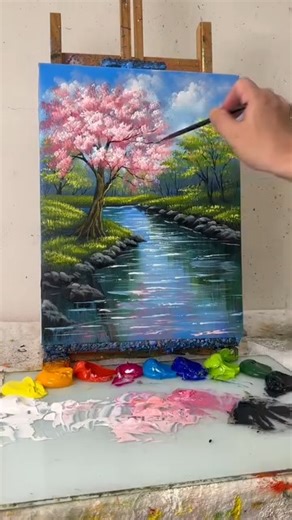 Cherry Blossom Tree by the Lake | Relaxing Acrylic Painting Tutorial for Beginners | Painting Skills