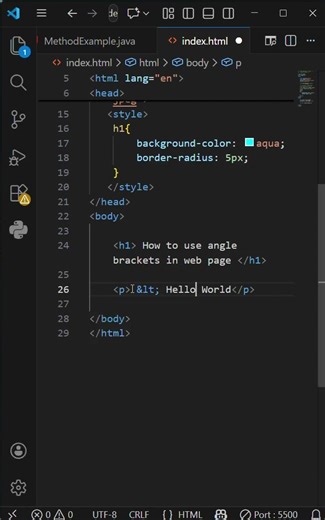 How to represent angle brackets in html css | CodeCrunch |