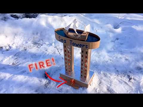 Cardboard ship and two Cardboard Towers FIRE disaster