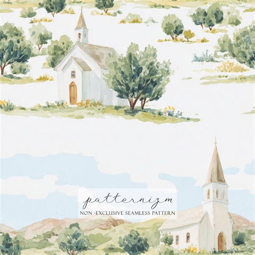 Easter Church Seamless Pattern – Peaceful Countryside Chapel, Soft Watercolor Spring Repeat Design - Etsy