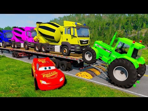 TRANSPORTING PIXAR CARS & FRUITS WITH COLORED & JOHN DEERE vs CLAAS vs TRACTORS - BeamNG.drive #983