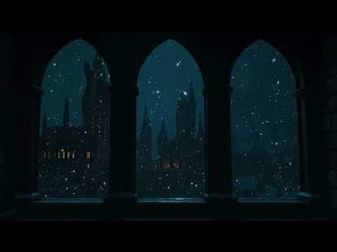 Velvet Winter Night at Hogwarts | Snowfall Beyond the Castle Window with Gentle Wind and Deep Calm