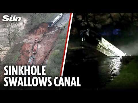 Moment 164ft sinkhole swallows canal boat in ‘major incident’ as 10 people rescued
