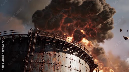 Massive industrial explosion on a rusted storage tank with debris flying, 4k high quality