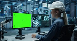 Female Industrial Specialist Working on a Desktop Computer with Green Screen Mock Up Display. Second Monitor Displaying Technical and Production Information About the Robotic Assembly Line
