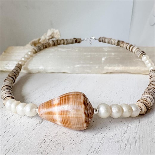 Surfer Necklace - Chunky Brown Heishi Shell and Pearl Necklace - Beach Necklace - Real Cone Shell -sterling or Gold Fill - Beach Lover Gift - Etsy