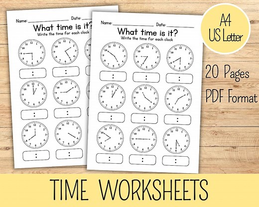 20 Telling Time Worksheets, Learn Telling Time, Printable Time Worksheets, Hour Clock Worksheet, First Grade Worksheet, Time Practice - Etsy