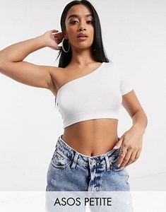 ASOS DESIN Petite super crop one shoulder top in white | ASOS