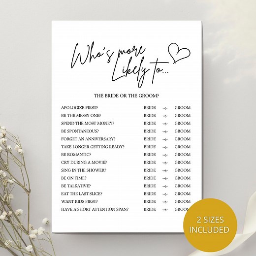 Who's More Likely Bridal Shower Game, Whos More Likely Wedding Shower Game Printable, Digital Download, Bride or Groom Bridal Shower Trivia - Etsy
