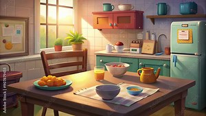 Cozy Kitchen Scene with Breakfast Table Set for One, Featuring Cereal, Orange Juice, and Steaming Cocoa with Subtle Kitchen Sounds