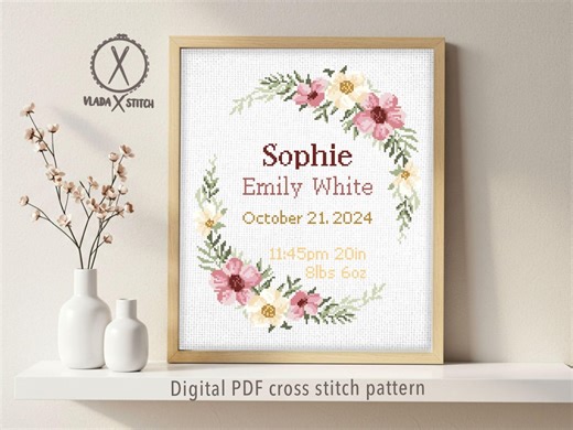 Birth Announcement Cross Stitch Pattern, Baby, Personalized, Boy Girl Nursery Decor, Counted, Chart, Gift DIY, Digital PDF - Etsy