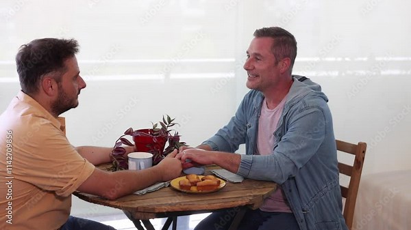 Two men are sitting at a wooden table. Holding hands and talking. With a plate of muffins and two cups of coffee between them. In a brightly lit room with a sofa and a glass cabinet in the background