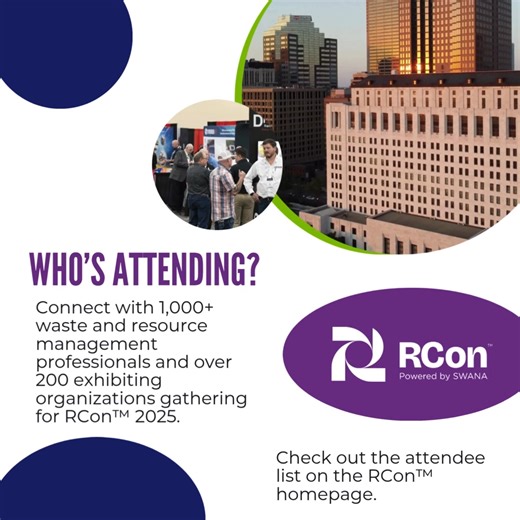 SWANA is thrilled to welcome hundreds of industry professionals to Columbus, Ohio for our first-ever RCon™ conference! 👏 RCon is where waste and resource management professionals come together to share ideas, tackle challenges, and shape the future of our industry. With four days of sessions, networking events, and an active Exhibit Hall, the connections you make here can spark real change. ♻️ 👥 See the attendee list on the RCon homepage: https://swana.org/events/rcon2025 #SWANARCon #WasteAsAR