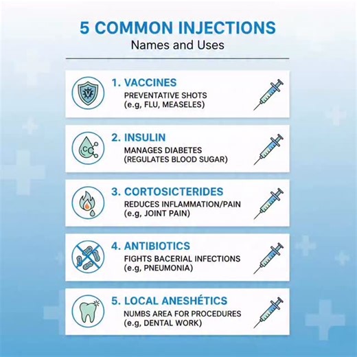 𝐄𝐗𝐏𝐋𝐎𝐑𝐄 𝐍𝐔𝐑𝐒𝐈𝐍𝐆 🎯✨ | 💉 5 COMMON INJECTIONS – NAMES & USES 1️⃣ Vaccines 👉 Prevent diseases like flu, measles & other infections by building immunity 🛡️ 2️⃣... | Instagram