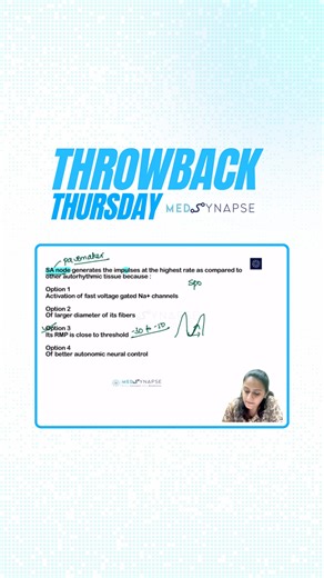 Dr Nikita Nanwani Nathani #N3 on Instagram: "THROWBACK THURSDAY 🩺📚 PYQ – SA node pacemaker question Why does the **SA node generate impulses at the highest rate**? A classic MCQ where the key lies in **RMP being closest to threshold** — not channels, size, or autonomic control. If you caught that, your basics are solid. If not, this is exactly why PYQs matter. Revise smart with **Medsynapse**. 👉 Follow @medsynapse for concept-driven PYQ discussions #ThrowbackThursday #ThursdayThrowback #PYQ #