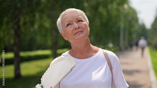 Overheated unhappy middle-aged woman feeling hot waving fan annoyed with high temperature standing on sunny summer city park. Stressed older female sweating suffer from summer weather heat.