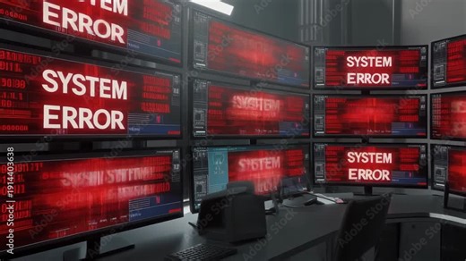 Multiple Monitors Displaying Red System Error Alert in High Tech Control Room During Cyber Attack Simulation