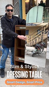 Modern slim dressing table with a long sliding mirror with shelves inside for cosmetics, perfumes and makeup kits etc. It has slim sleek design that fit everywhere with stylish modern look at very reasonable price. Perfect for modern home interior and decor #dressingtable #dressingtabledecor #mirror #dressingmirror #creativeinterfurniture #reel | CreativeInter by Amir Akbar