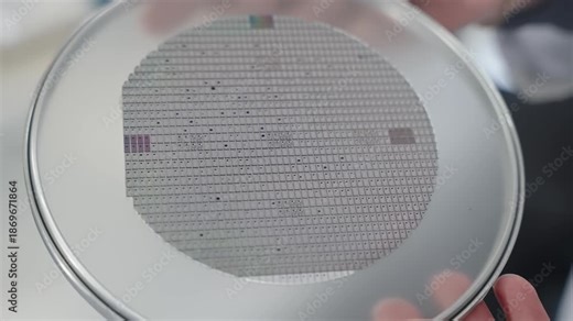 Close-up inspection of a reflective silicon wafer with microchip dies, showcasing precision semiconductor fabrication and careful handling in a clean lab environment