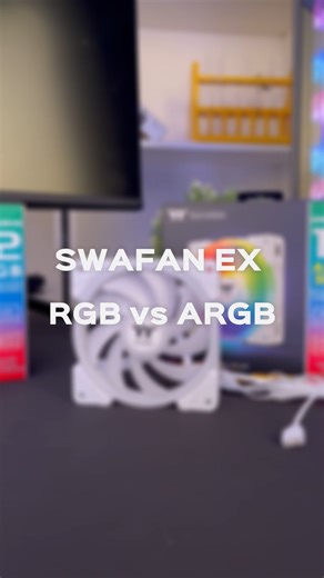 SWAFAN EX RGB and ARGB: Are they the same product??? Nope, they are definitely different! 1. Logo sticker: The RGB version comes with a black Tt logo sticker in the middle, while the ARGB version comes with a white sticker. 2. Lighting control: The RGB version is paired with the Tt RGB Controller, while the ARGB version allows you to control lighting using your preferred motherboard software through a 5V header connection. Never mix them up again! 😊 #Thermaltake #SWAFANEX #SWAFANSeries #swafane