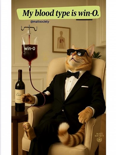 My blood type? Win-O, darling. 🍷✨ Because class flows through my veins. #MattSociety #MattTheCat #WineLover #LuxuryVibes #CatHumor #SassyCat #WineMood #FineLiving #SophisticatedCat #CheersToLife #WinO #CatMeme #TuxedoStyle | Matt Society