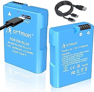 Artman EN-EL14 EN-EL14a Battery 1600mAh 2-Pack with 2-in-1 Type-C Fast Charging Cable for Nikon D3100 D3200 D3300 D3400 D3500 D5100 D5200 D5300 D5500 D5600 DF Coolpix P7000 P7100 P7700 P7800 Cameras