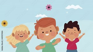 little kids playing with flowers spring scene