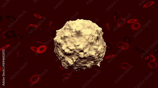 3D procedural animation of a platelet activating from discoid to spiky sphere amidst red blood cell flow. Medical visualization of coagulation and hemostasis. Seamless loop. 4K UHD.