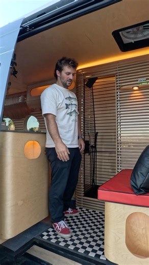 SEE-THROUGH shower with insane curved and slatted wood everywhere! #vanconversion #vanlife #vantour