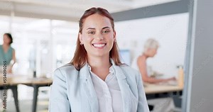 Portrait, happy woman and working on computer in office with motivation, smile and vision for career growth, business goals and startup management. Face of worker, happiness and desktop in Colombia
