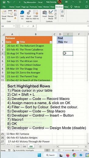 Sort Excel table by highlighted rows | Filter by highlighted rows - Excel Tips and Tricks #shorts