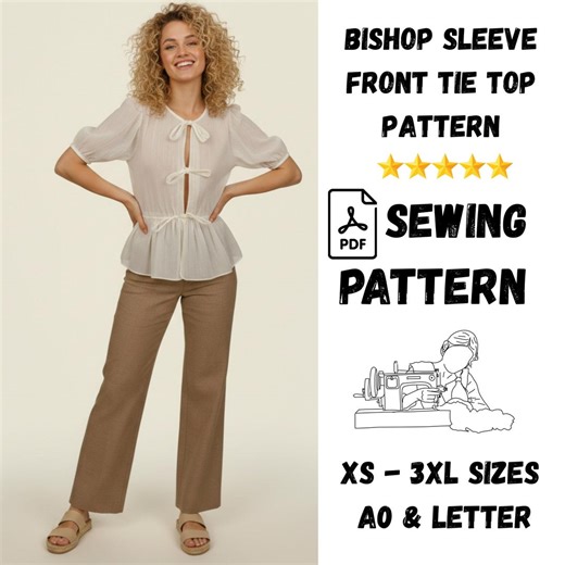 Bishop Sleeve Front Tie Top Sewing Pattern - XS-3XL Sizes | A0 & Letter - Etsy