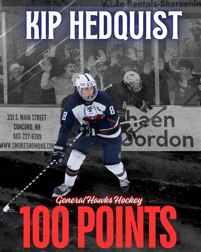 🎥🏒 HISTORY MADE 🏒🎥 Captain Kip Hedquist’s 100th career point — right here, right now, at home. A milestone years in the making, capped off during his senior season in front of an electric crowd at Lee Clement Arena. Leadership. Work ethic. Heart. This one means everything. 💯🦅 Congrats, Kip! #GenHawks #100Club #Captain #SeniorSeason #OnceAGenHawkAlwaysAGenHawk | Friends of General Hawks Hockey