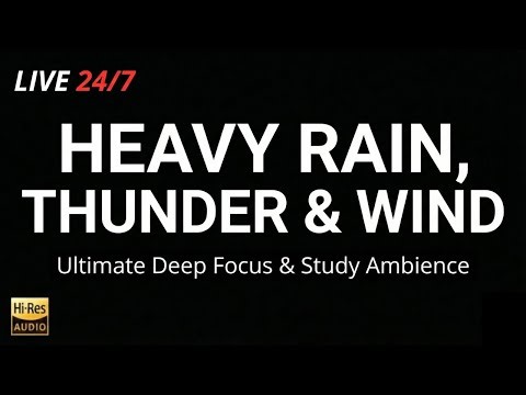 (No-Ads) Rain Sounds and Pink Noise | Distant Thunder with Wind for Deep Focus