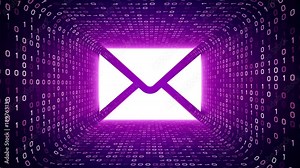 White envelope icon form purple binary tunnel on purple background. Seamless loop. More icons and color options available in my portfolio.