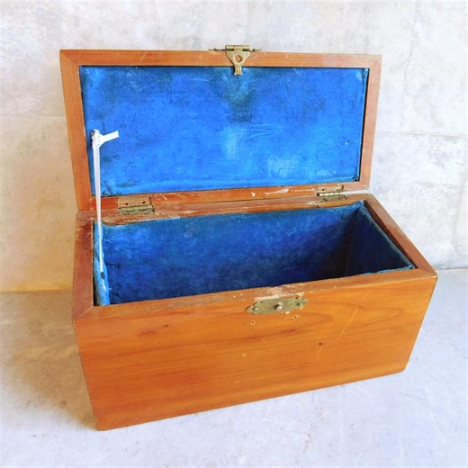 Vintage to Antique Cedar Keepsake Box W/ Hinged Lid, Blue Velvet Lining, Brass Latch - Etsy